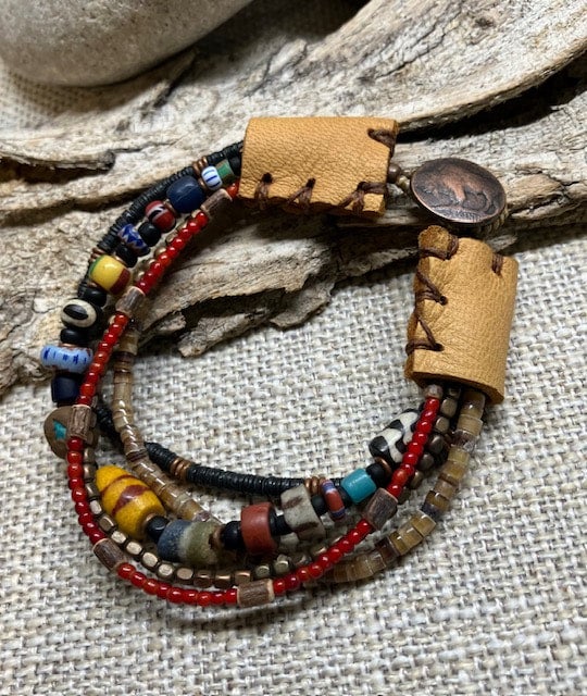 artisan handmade multi strand antique trade beads leather Journey Bracelet Earthen Rare